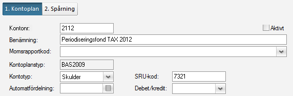 Lägg upp konto för periodiseringsfond - Hjälp om Visma Administration 2000